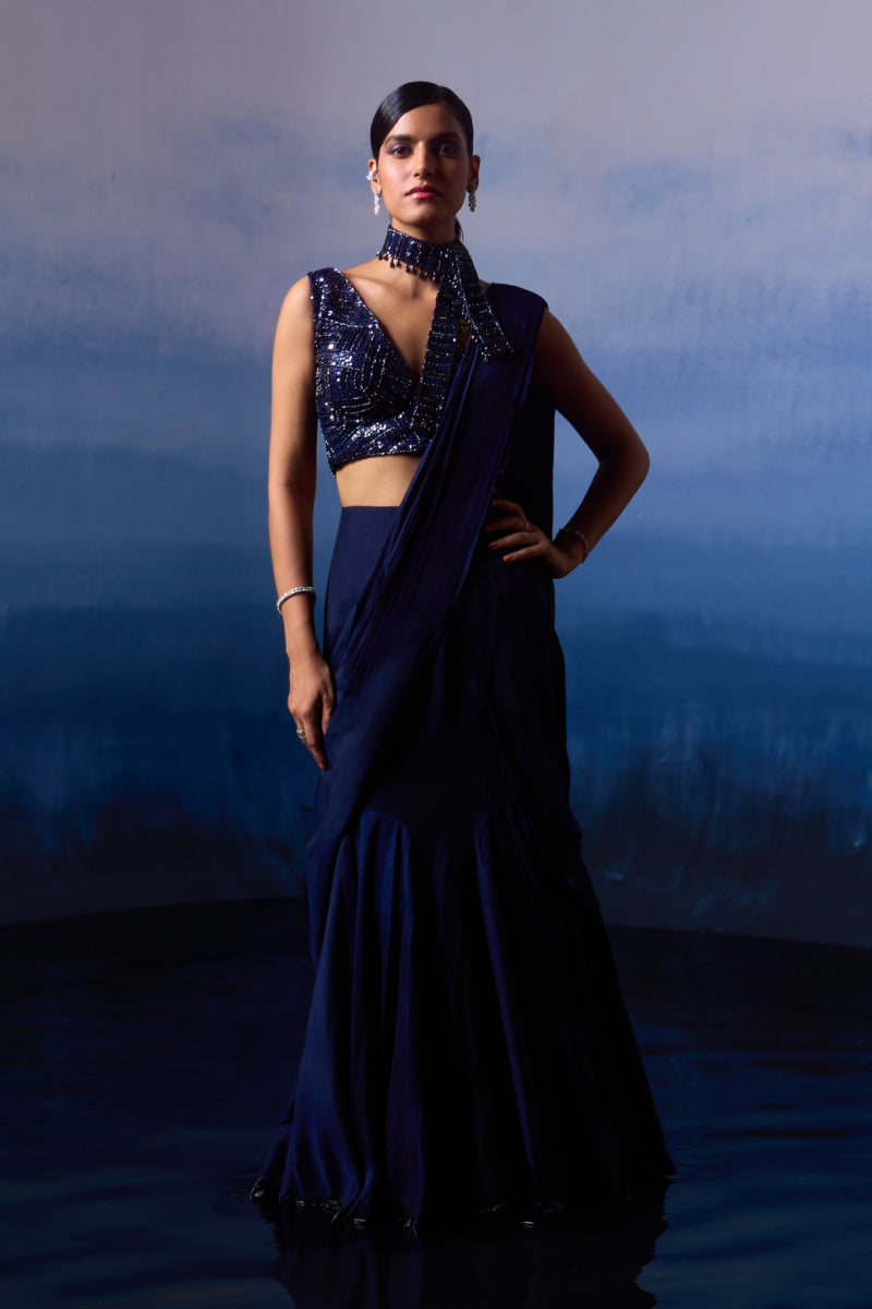 Midnight Blue Silk Drape Saree – AGASHE