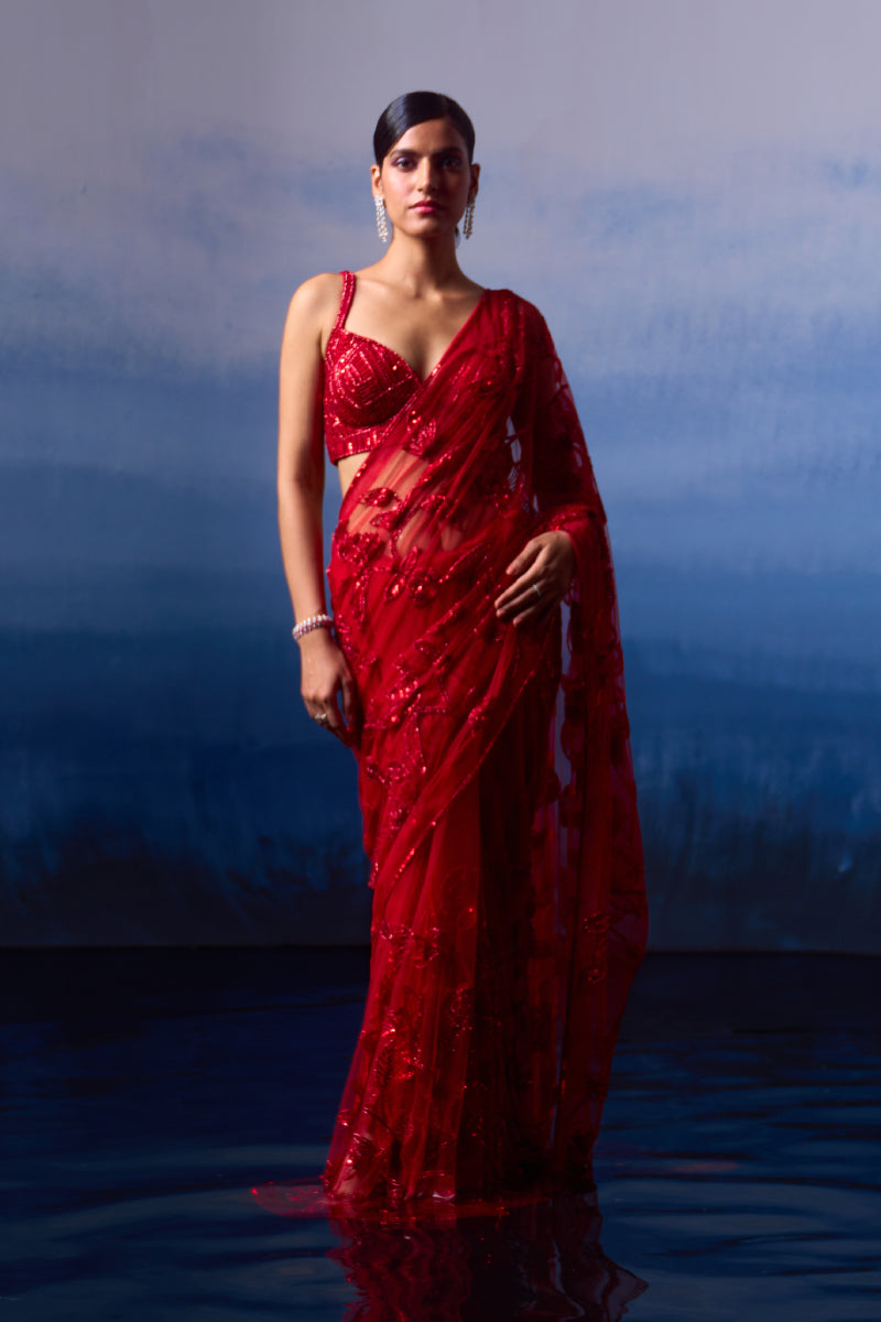 Ruby Red Net Saree – AGASHE