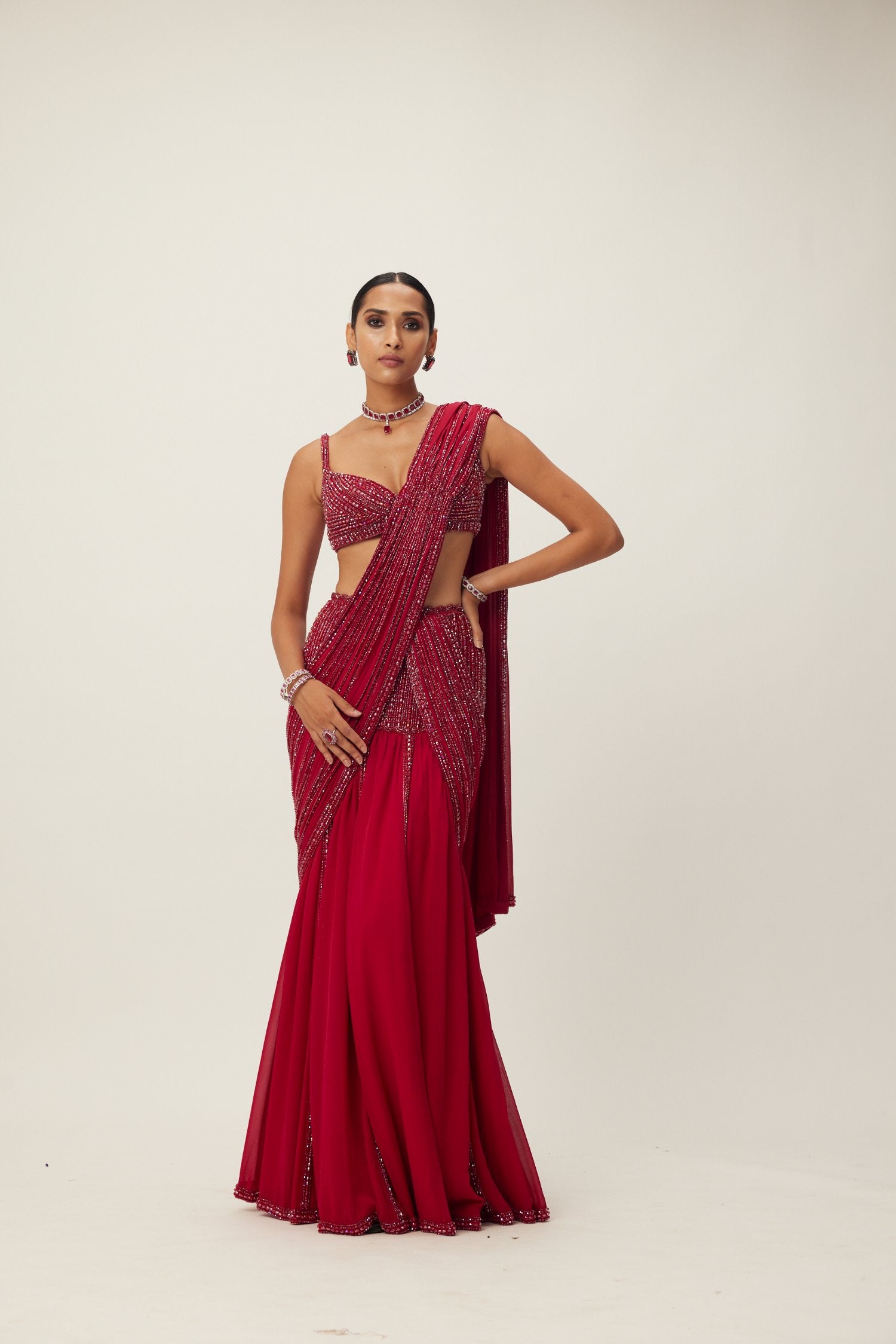 Ruby Red Pre Draped Crystal Embellished Saree Set – AGASHE
