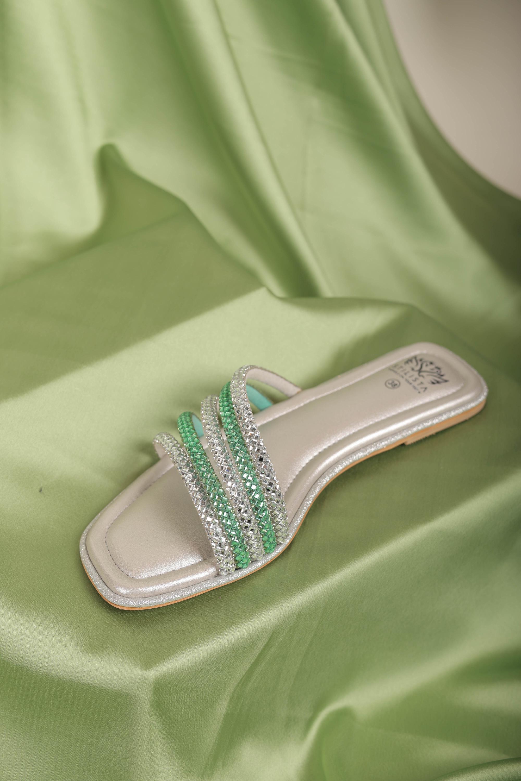 Multi strap green/silver square toe flats – AGASHE