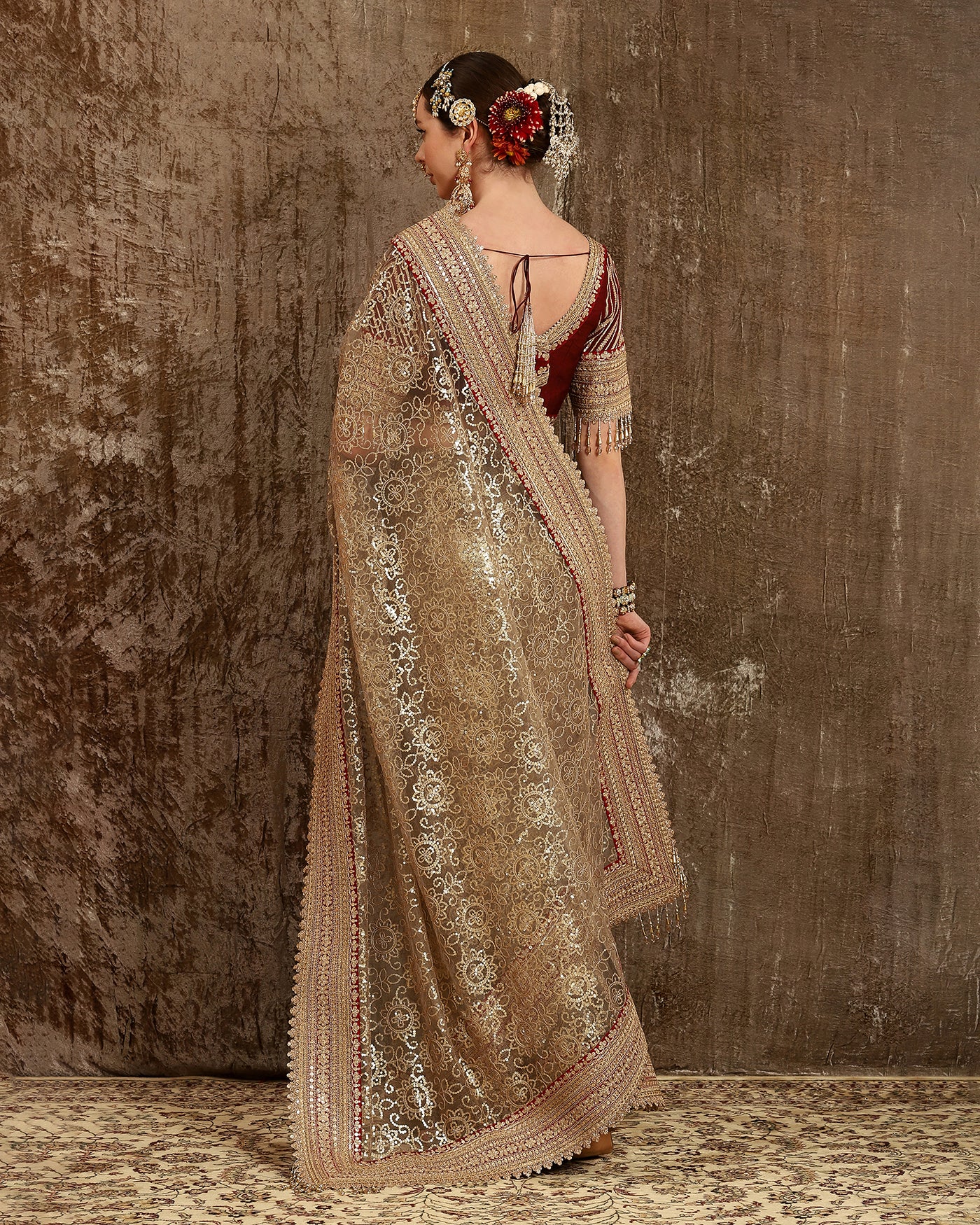 Golden & Maroon Saree & Blouse Set – Agashe