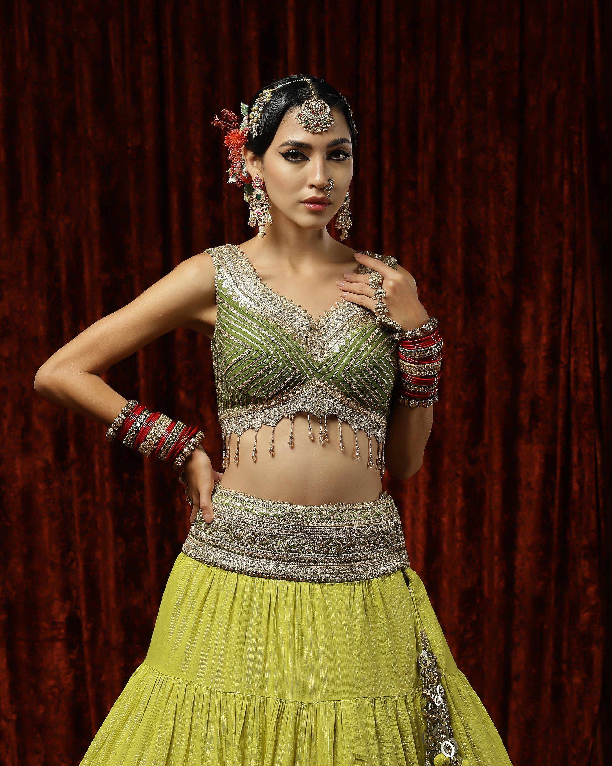 Lemon Green & Olive Crinkle Gota Lehenga Set – Agashe