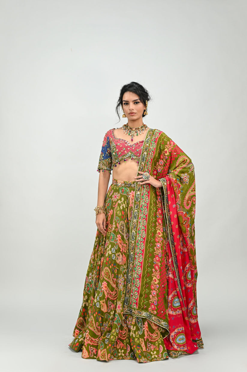 Olive Lehenga with Badla Blouse & Dual Print Dupatta – AGASHE