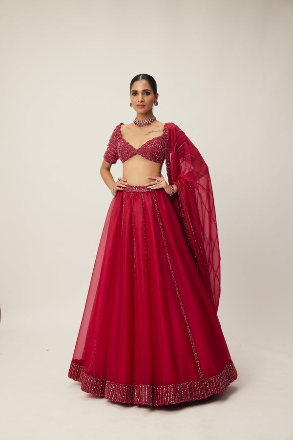 Ruby Red Organza Lehenga set – AGASHE