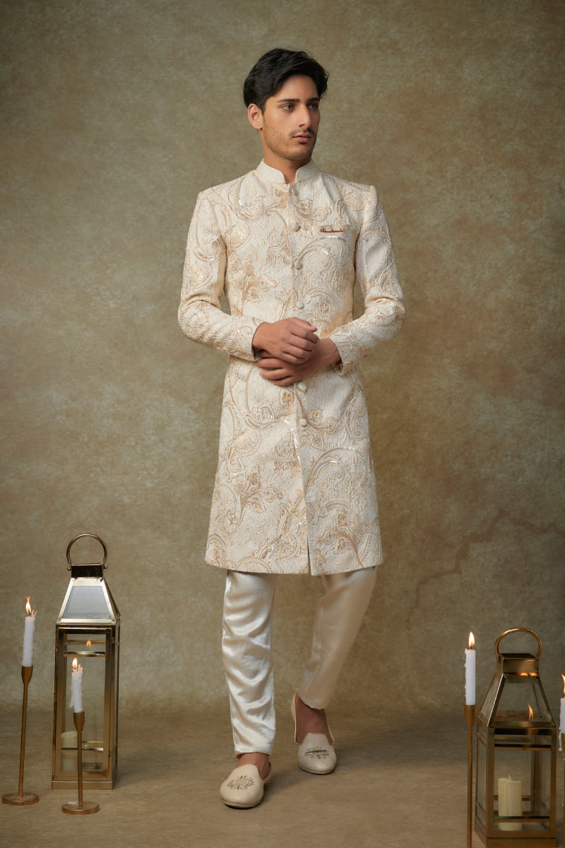 Beige Embroiderd Sherwani With Pant – AGASHE