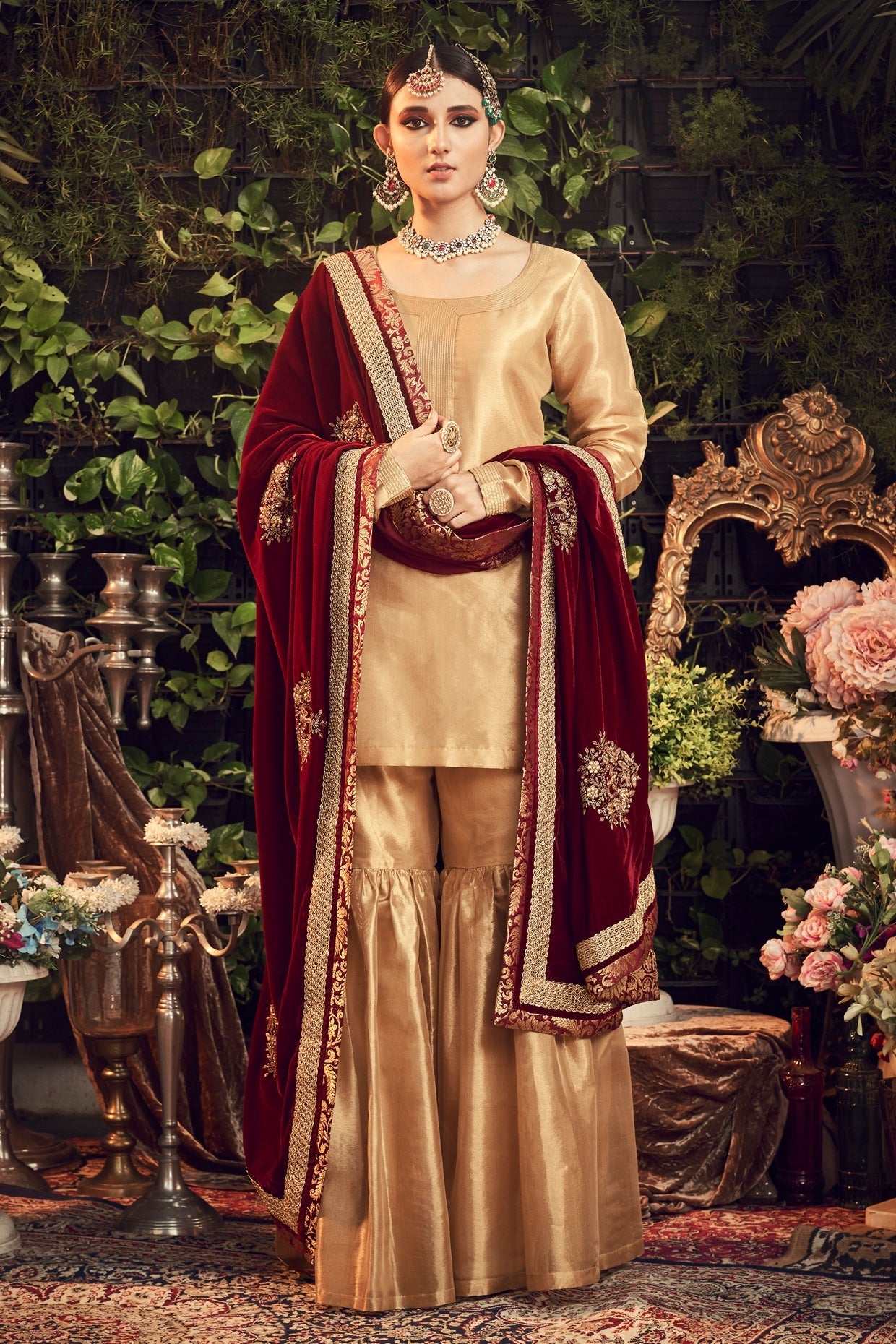 Gold & Maroon Embroidered Gharara Set – AGASHE