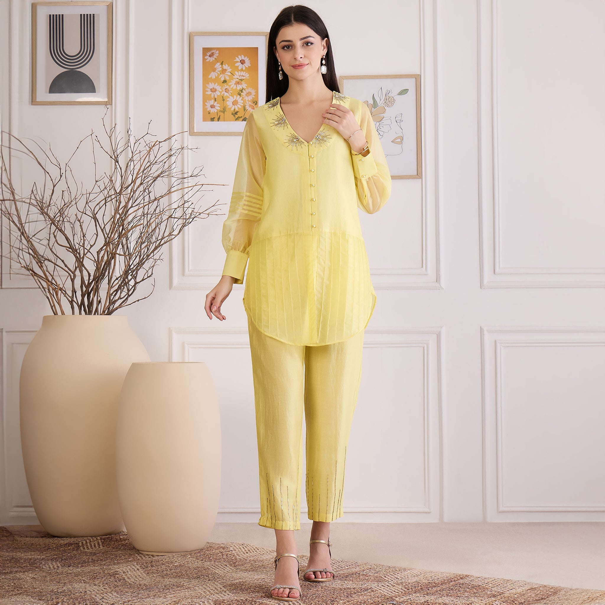 Yellow Pin Tuck Hand-Embroidered Co-ord Set – AGASHE