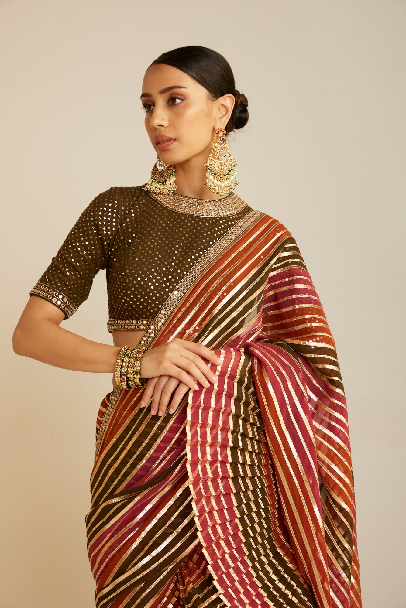 Pre Draped Olive Green Multicolor Saree Set – AGASHE
